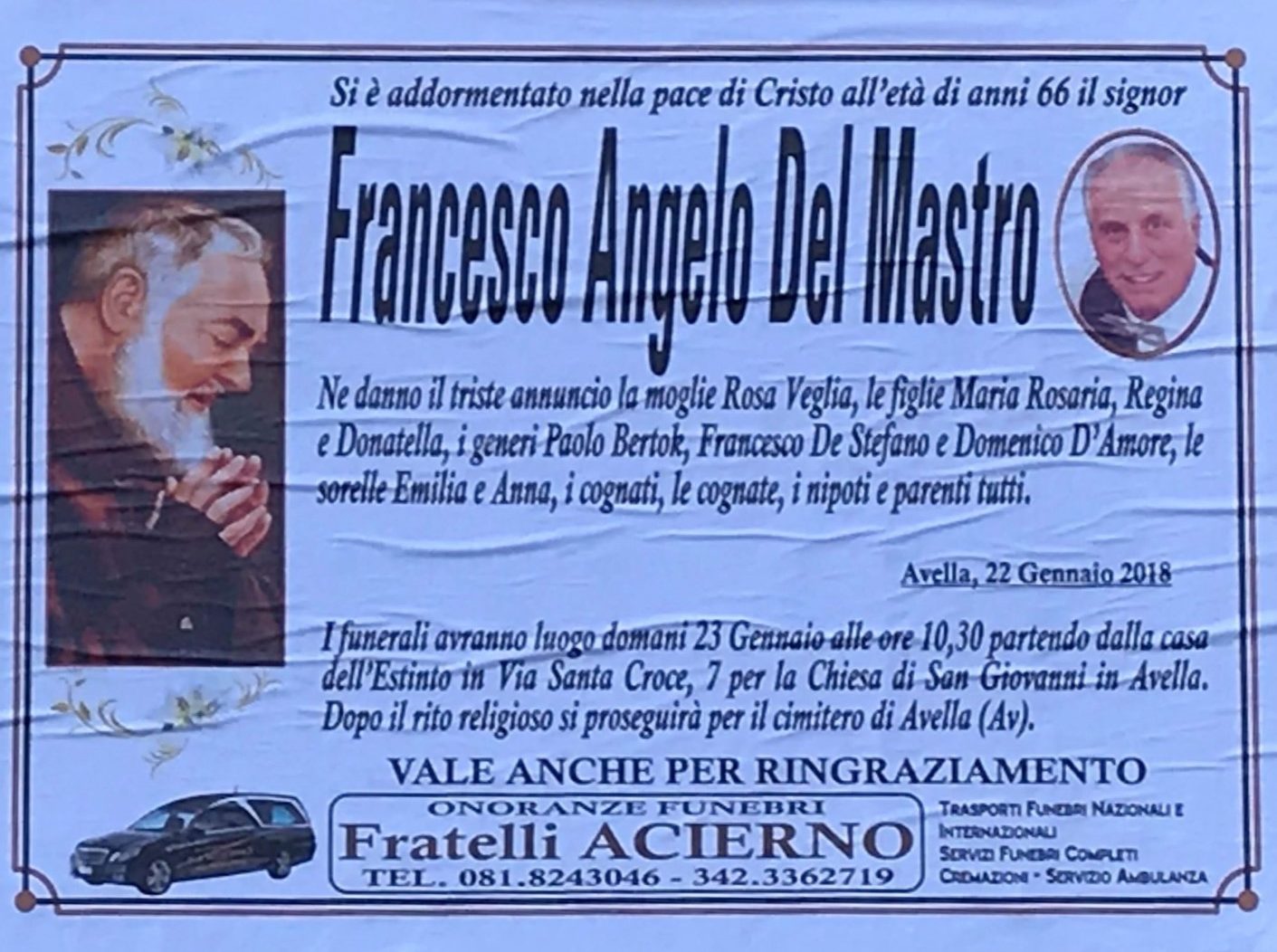 NON E' PIU'. Avella. Lutto Francesco Angelo Del Mastro - anni 66 ...